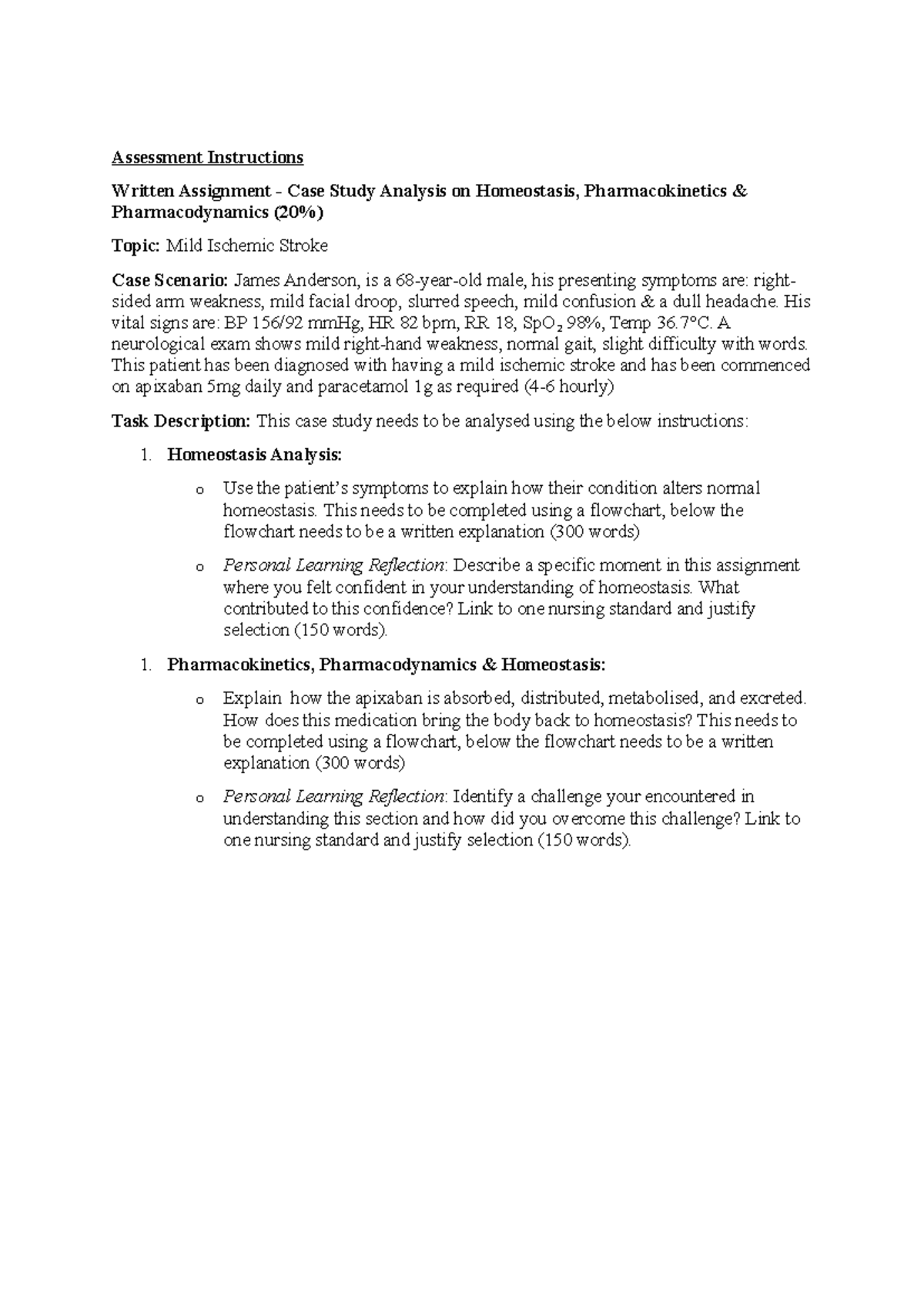HPU1202.2 Final Exam Case Study: Homeostasis in Mild Ischemic Stroke ...
