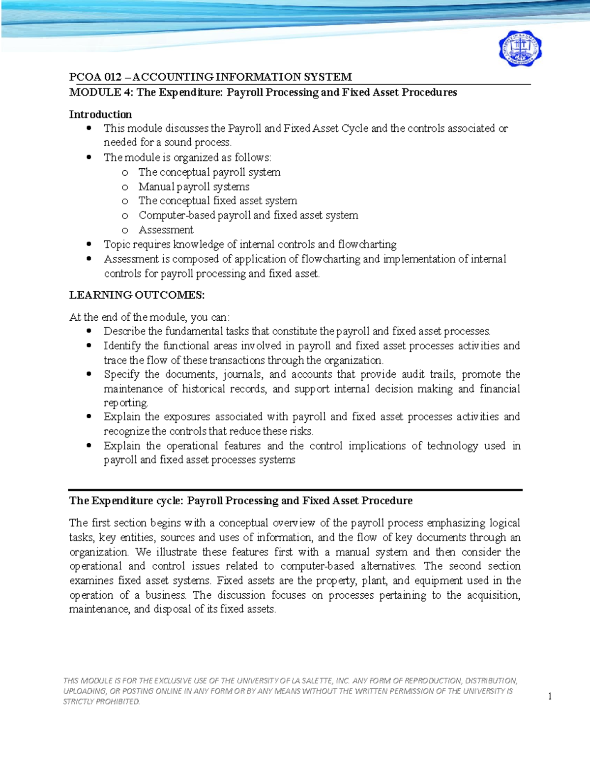 PCOA 012 AIS Module 5: Payroll Processing & Fixed Asset Controls - Studocu