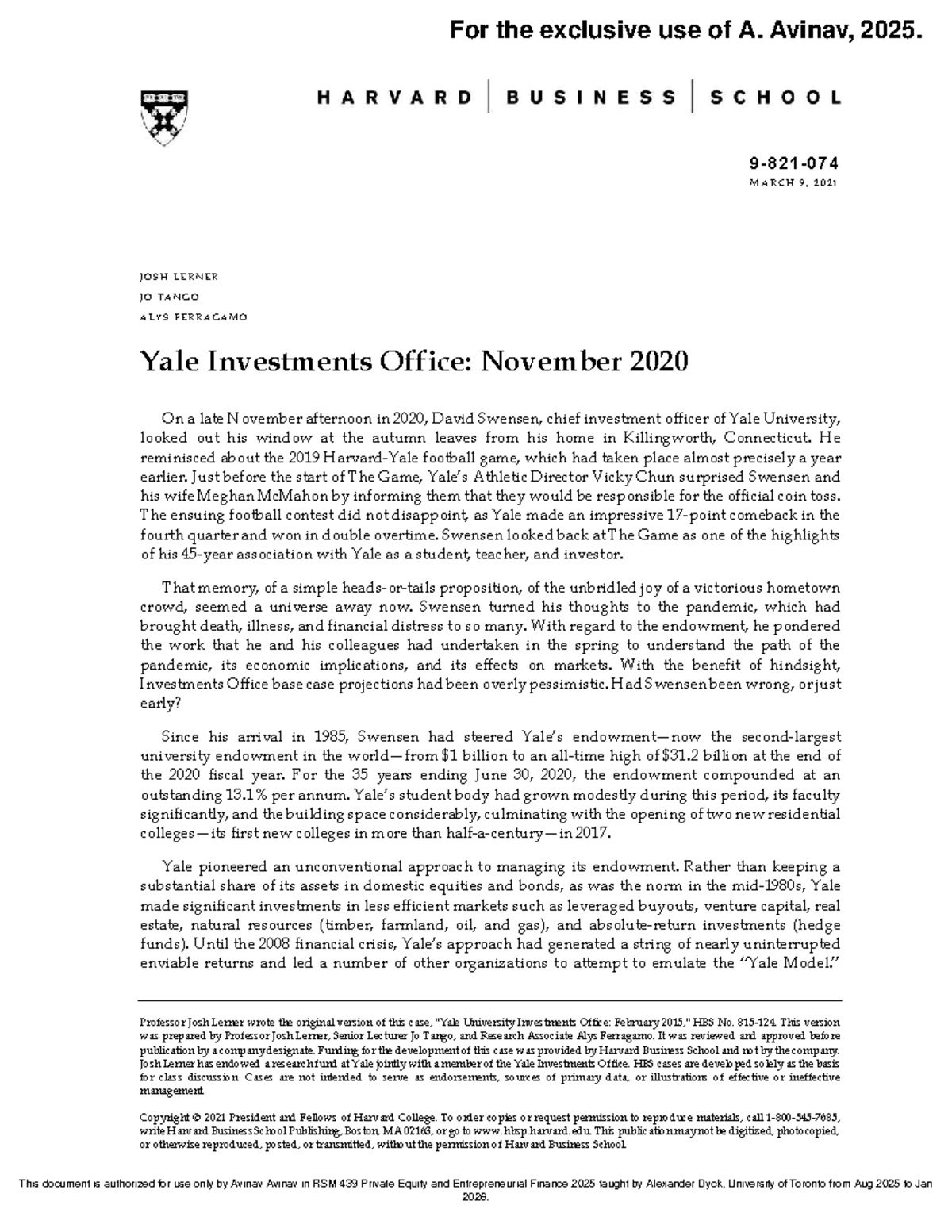 RSM 439 Yale Investments Office Case Study: Strategies & Insights - Studocu
