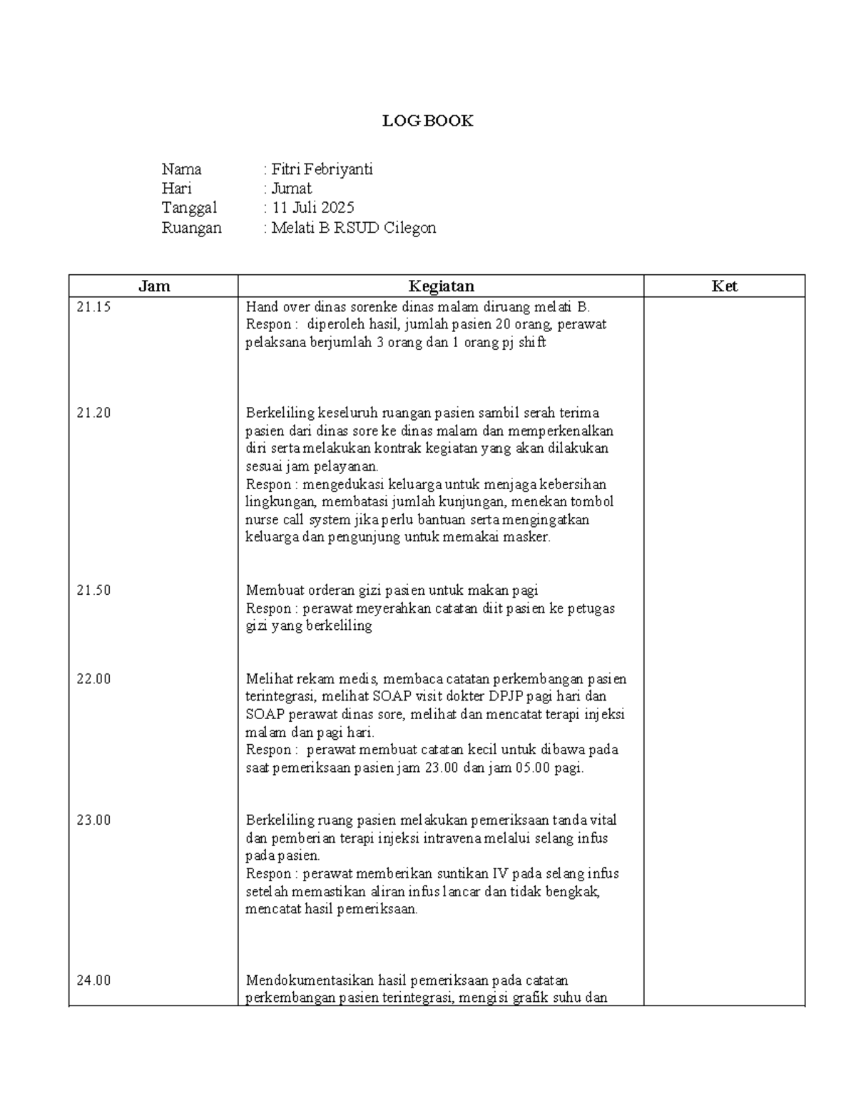 Log Book Kegiatan Perawat Malam - ADL KDP 11 - Studocu