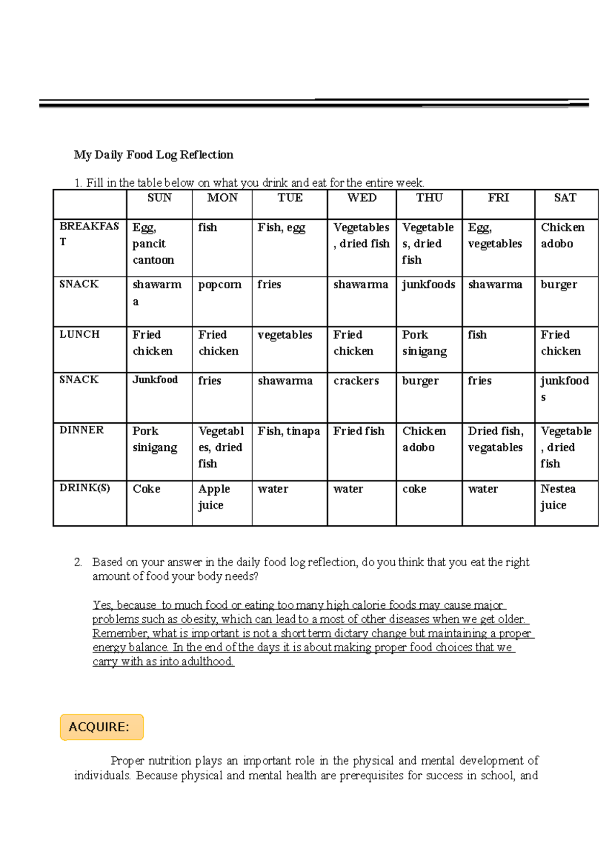 PE- Lesson-3 - Lectures - My Daily Food Log Reflection Fill in the ...