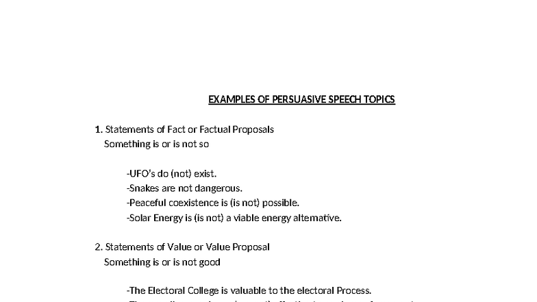 Persuasive Speech Topics Guide: Informational Packet - Studocu