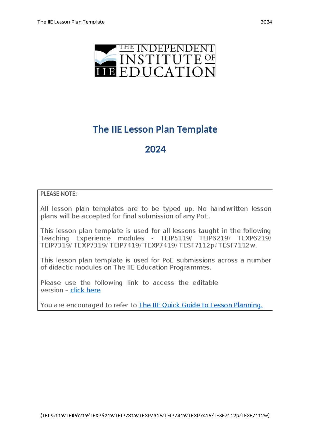 TEIP7319 Lesson Plan Template for Teaching Experience Modules - Studocu