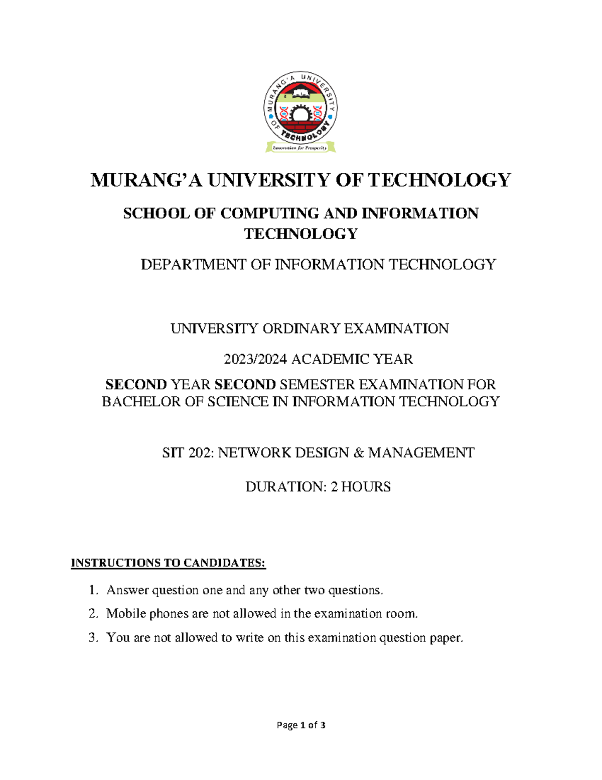 SIT 202- Network Design & Management - Page 1 of 3 MURANG’A UNIVERSITY OF TECHNOLOGY SCHOOL OF ...