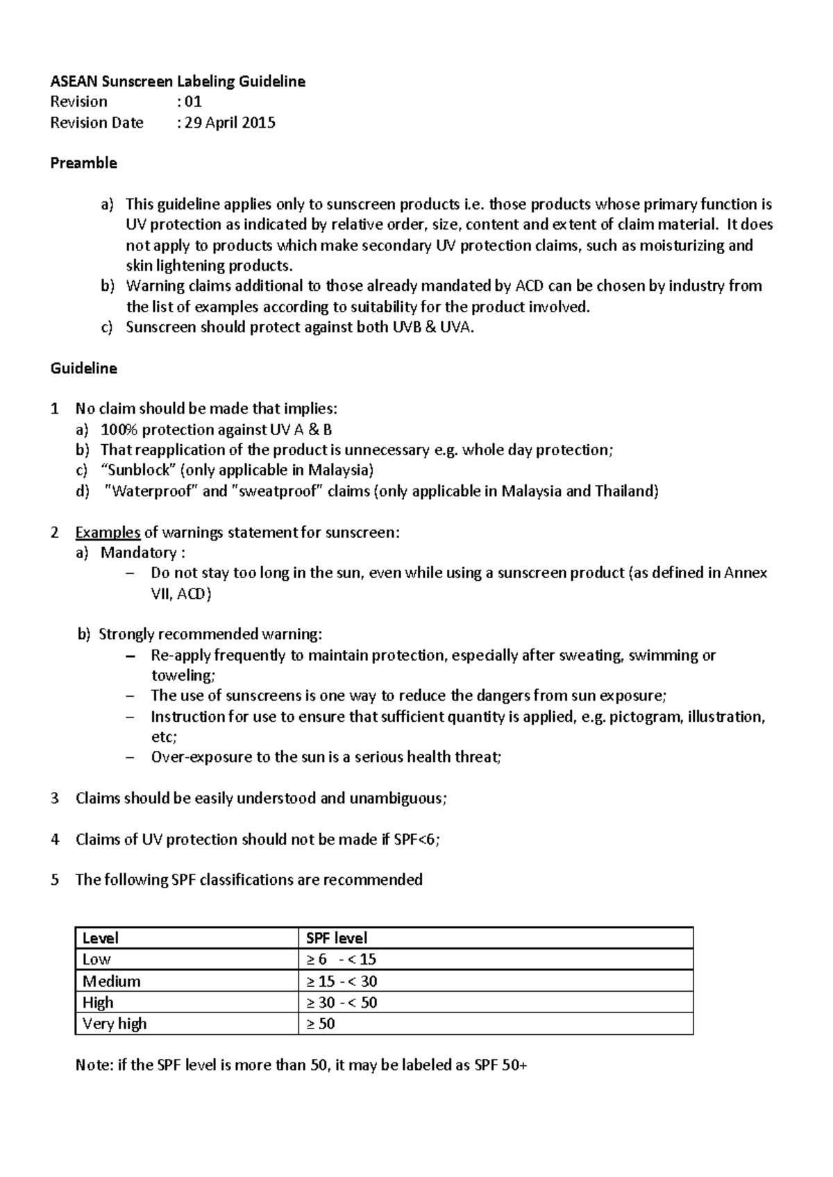 ASEAN Sunscreen Labeling Guideline - Revision 01 (April 2015) - Studocu