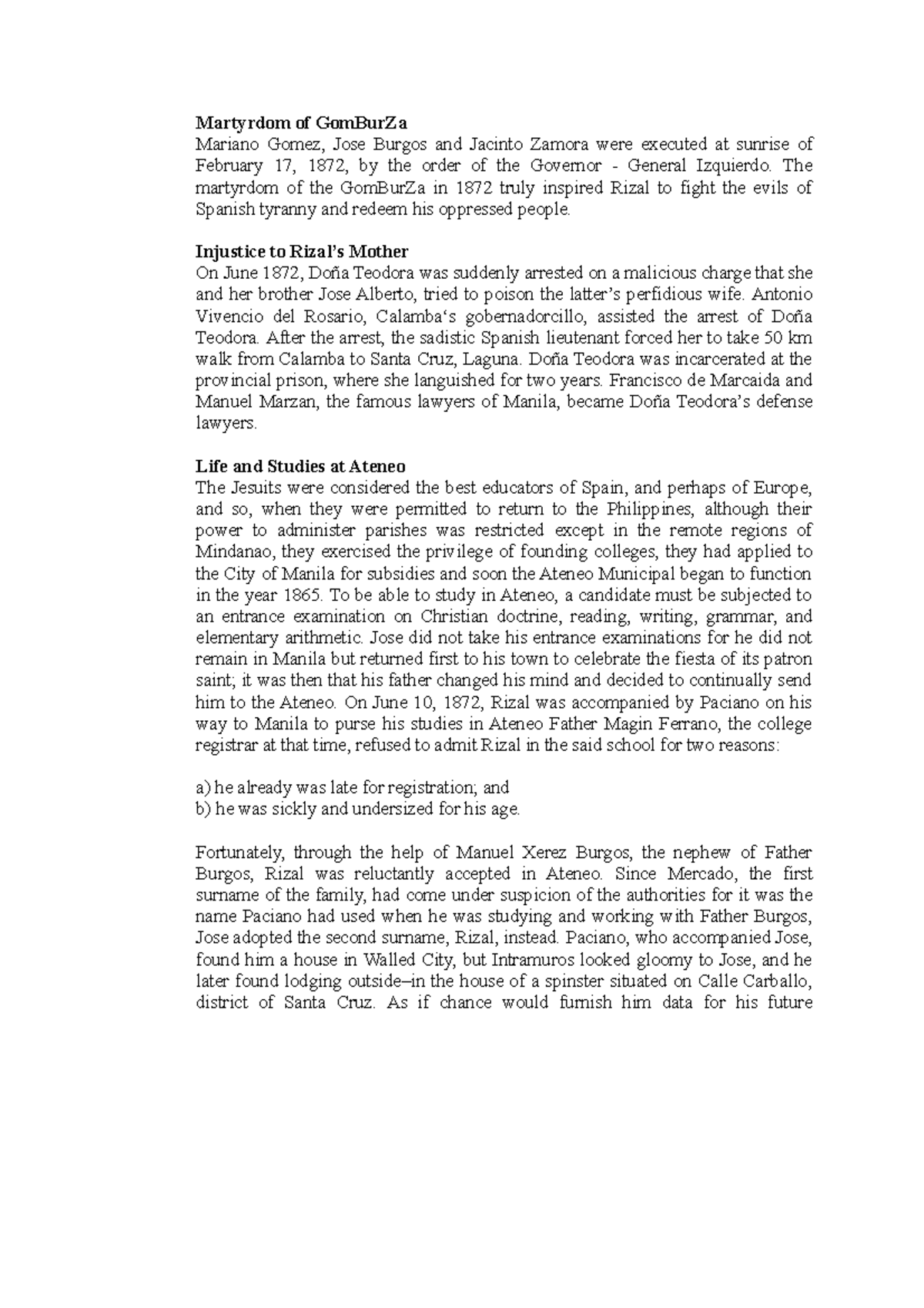 Rizal and the Martyrdom of GomBurZa: A Study of Historical Impact - Studocu