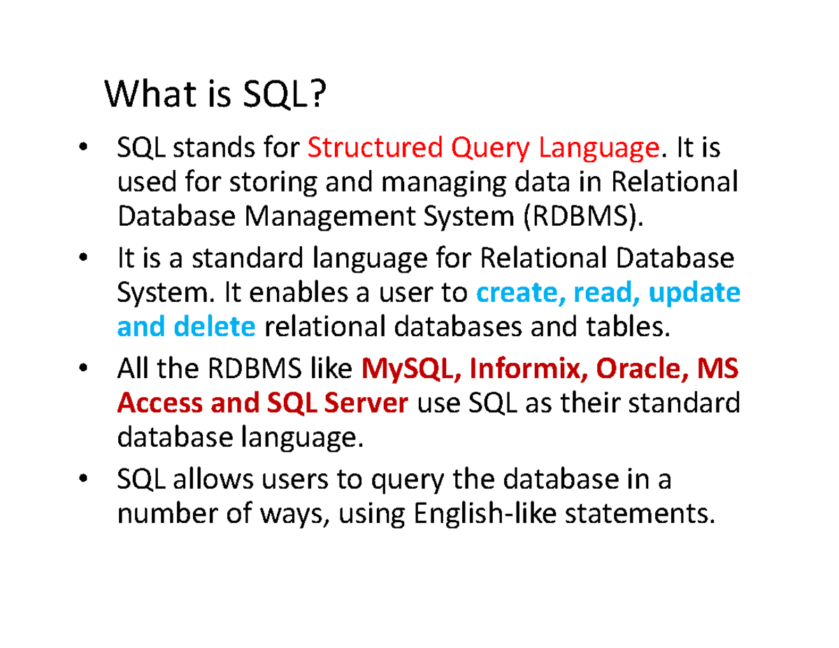 SQL Notes: Understanding Structured Query Language (SQL) - Studocu