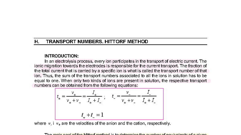 H. Transport Numbers: Hittorf Method Lab Practice - Studocu