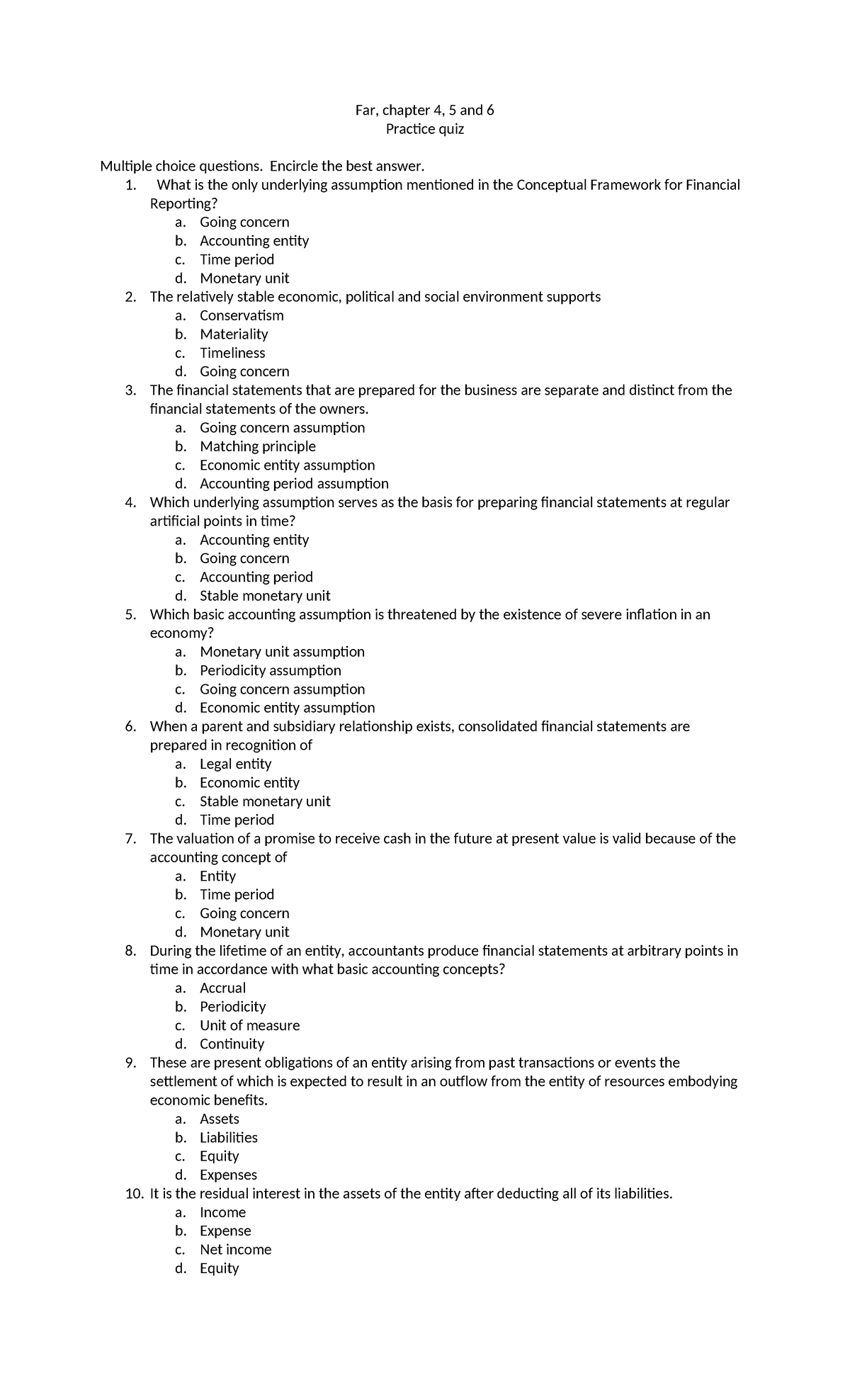 FAR Practice Quiz: Chapters 4, 5, and 6 Multiple Choice Questions - Studocu