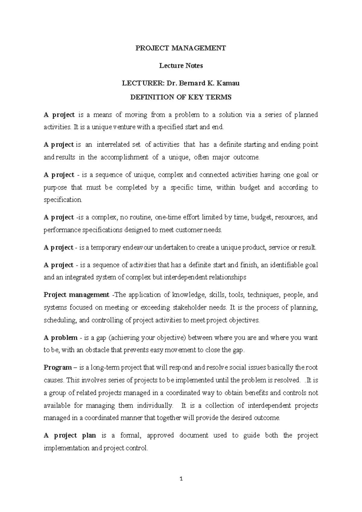 BCOM 1526 Project Management Lecture Notes by Dr. Bernard K. Kamau ...