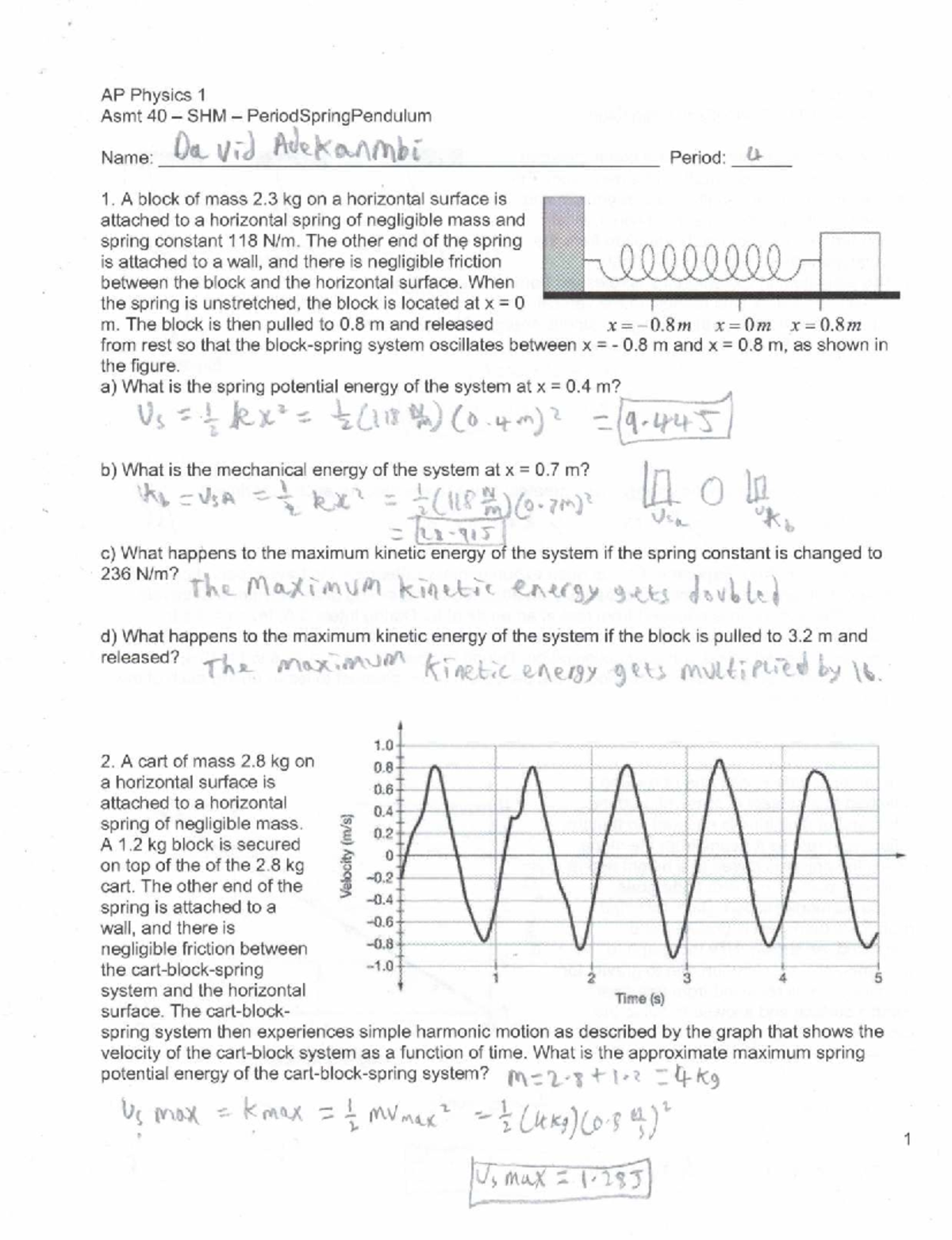 AP Physics 1 Asmt 40: SHM & Pendulum Analysis by Da Vid Adekanmbi - Studocu