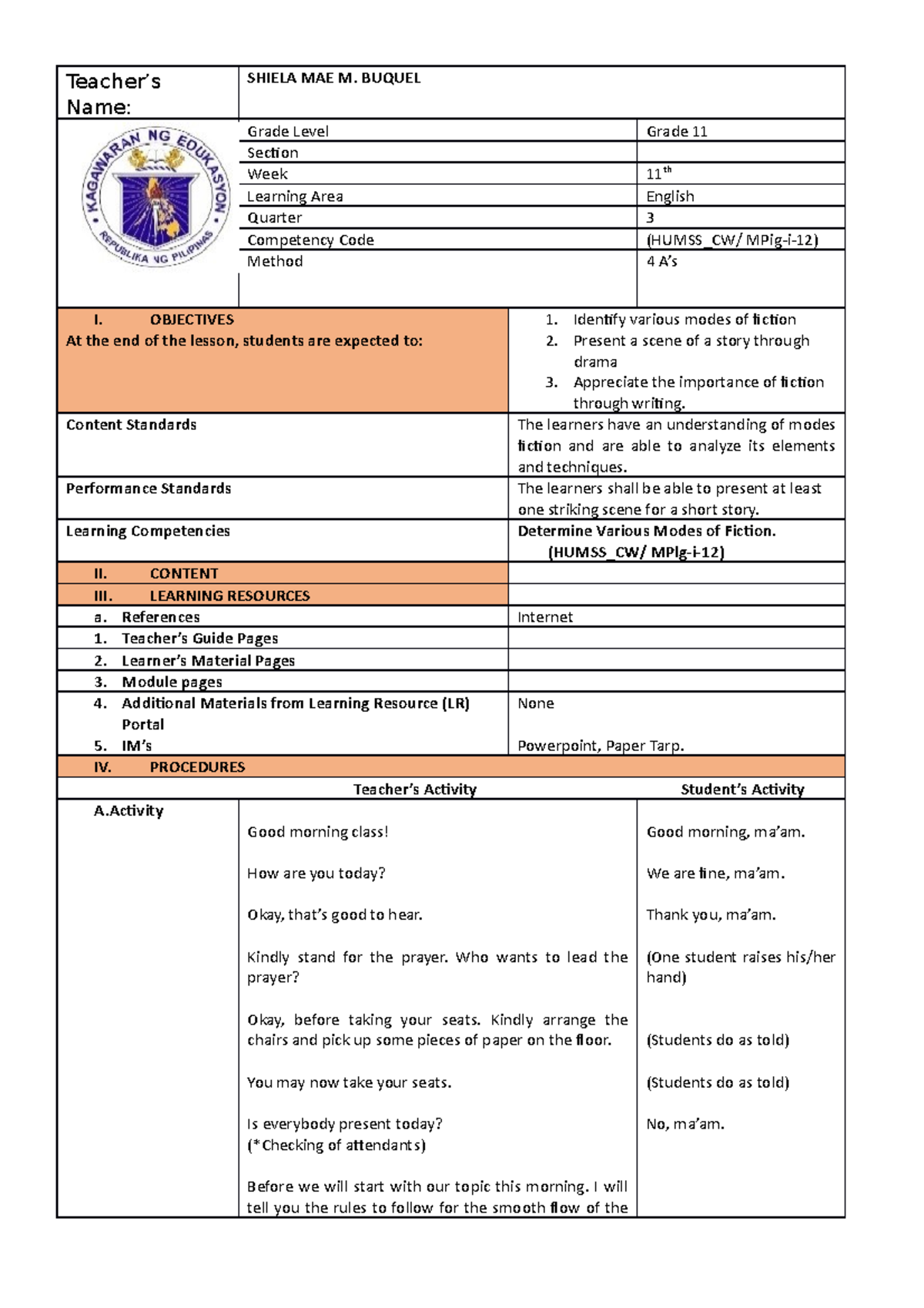 HUMMS-ENGLISH Grade 11 - Comprehensive Lesson Plan on Fiction Modes ...