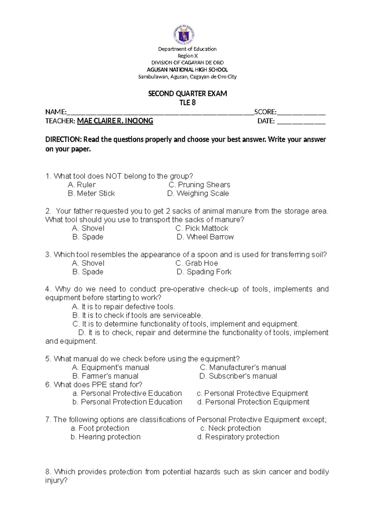 TLE 8 2nd Quarter EXAM - tle 8 exam - Department of Education Region X ...