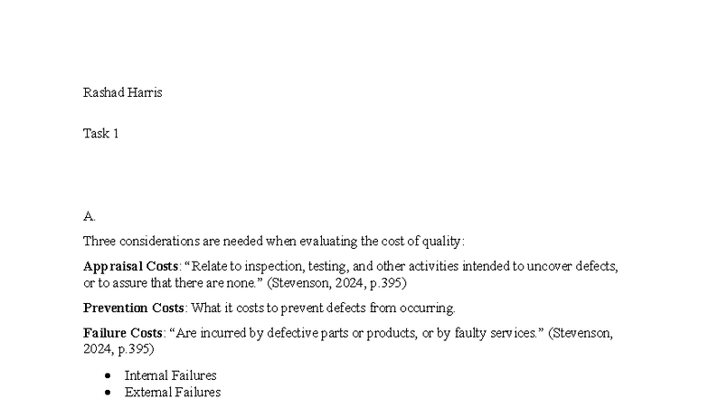 Task 1: Evaluating Cost of Quality - Rashad Harris - Studocu