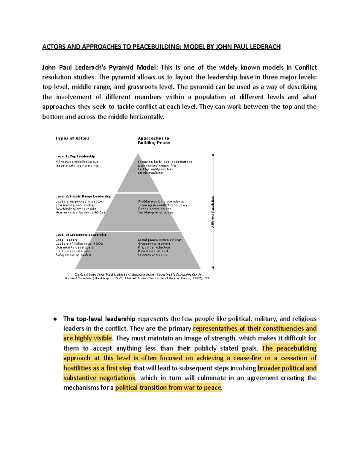 Actors and Approaches to Peacebuilding: Lederach's Pyramid Model - Studocu
