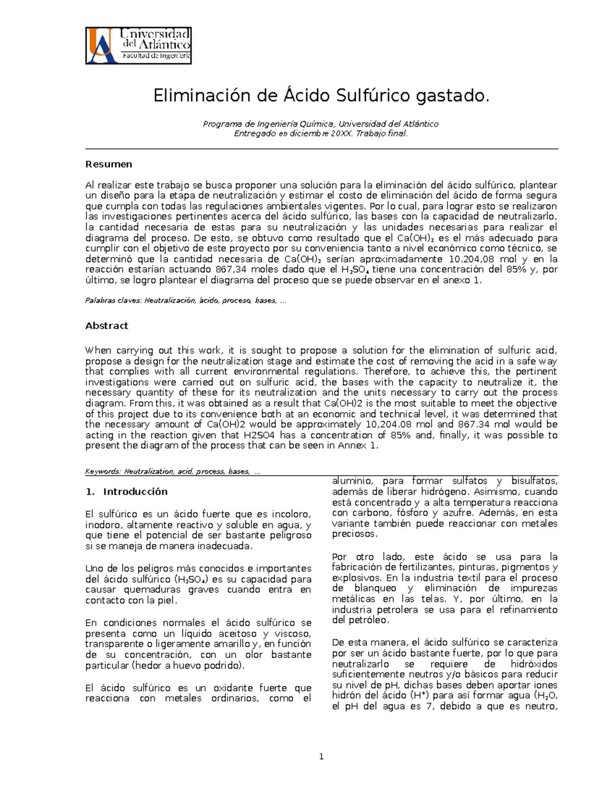 Proyecto - Informe Final[ 75] (1)-1 - Eliminación de Ácido Sulfúrico ...