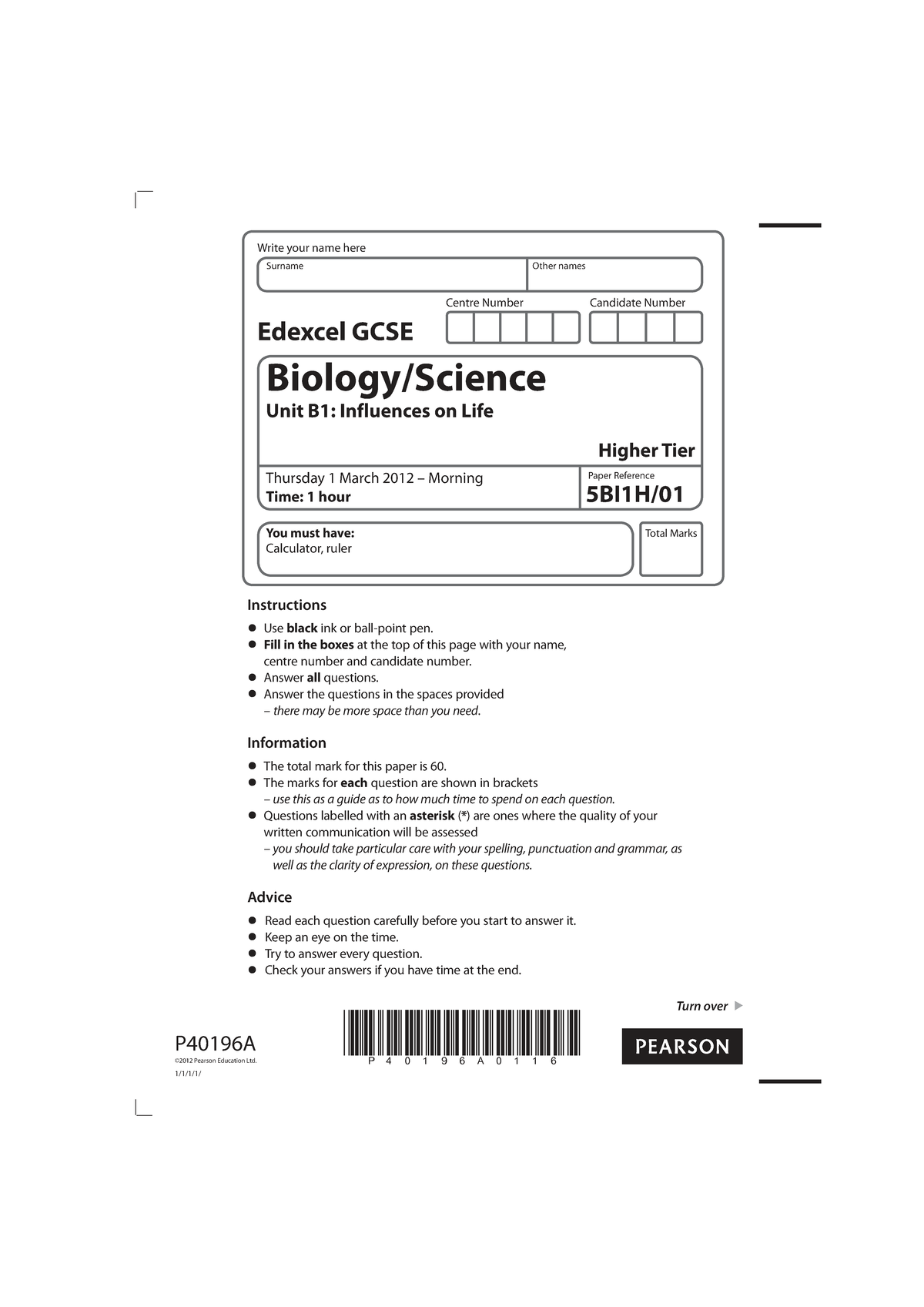 B1: Edexcel GCSE Biology Higher Tier Exam Paper - March 2012 - Studocu