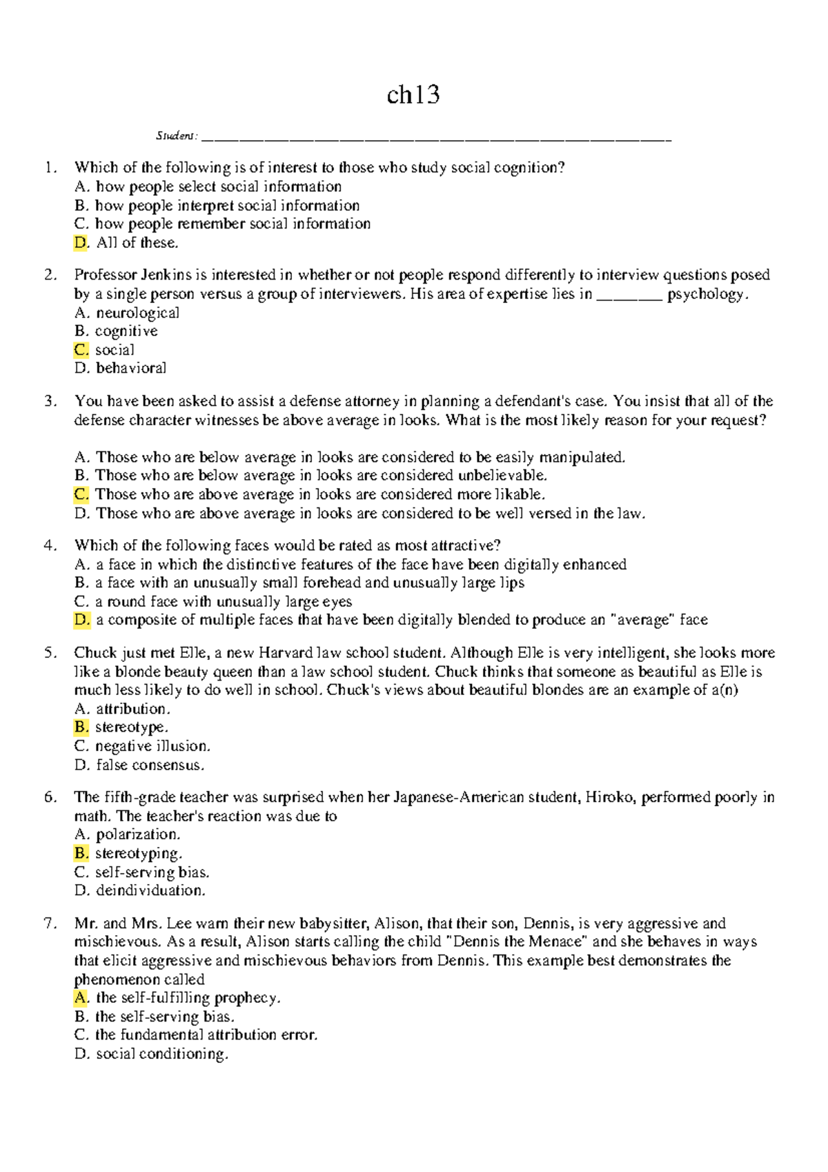 Ch13 Social Cognition Test Bank - Key Concepts & Questions - Studocu