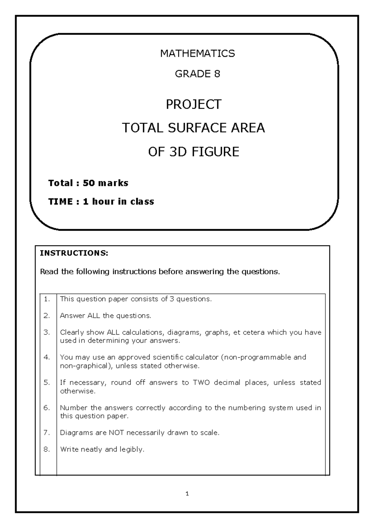 Grade 8 Math Project: Total Surface Area of 3D Figures Term 3 - Studocu