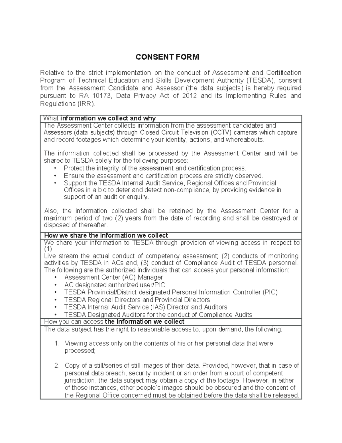 TESDA Consent Form for Assessment and Certification Program - Studocu