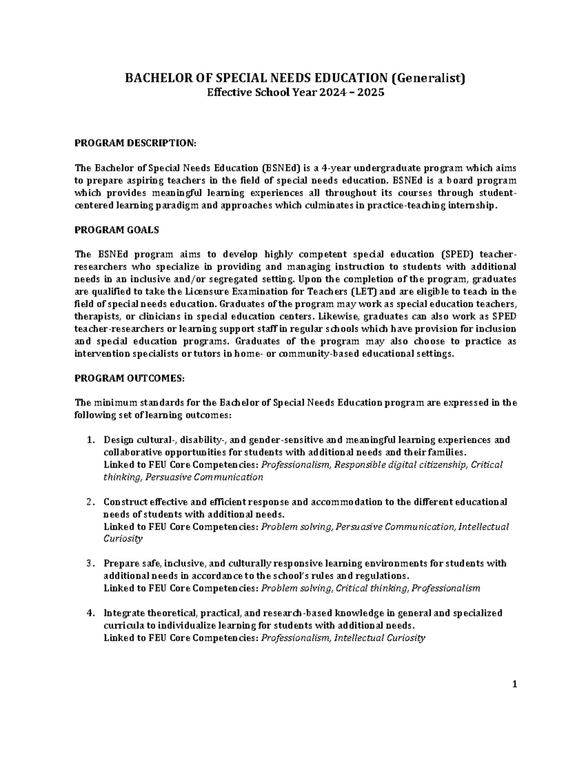 Bachelor of Special Needs Education (BSNEd) 2024 Curriculum Overview ...