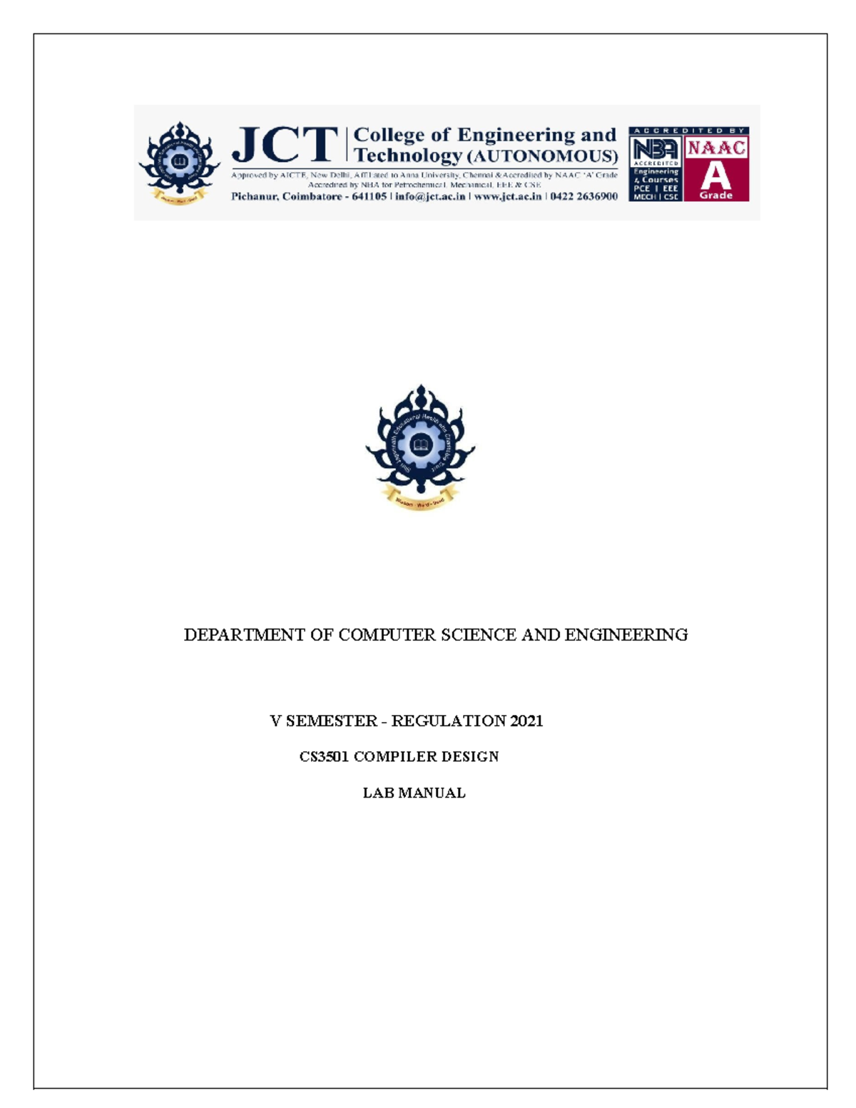 CS3501 Compiler Design LAB Manual: Practical Implementations & Experiments - Studocu