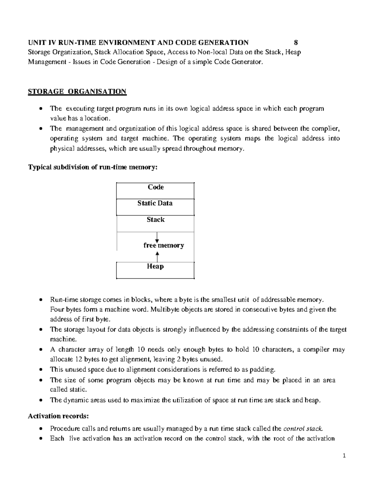 CS3501 Compiler Design Unit-4: Run-Time Environment & Code Generation ...