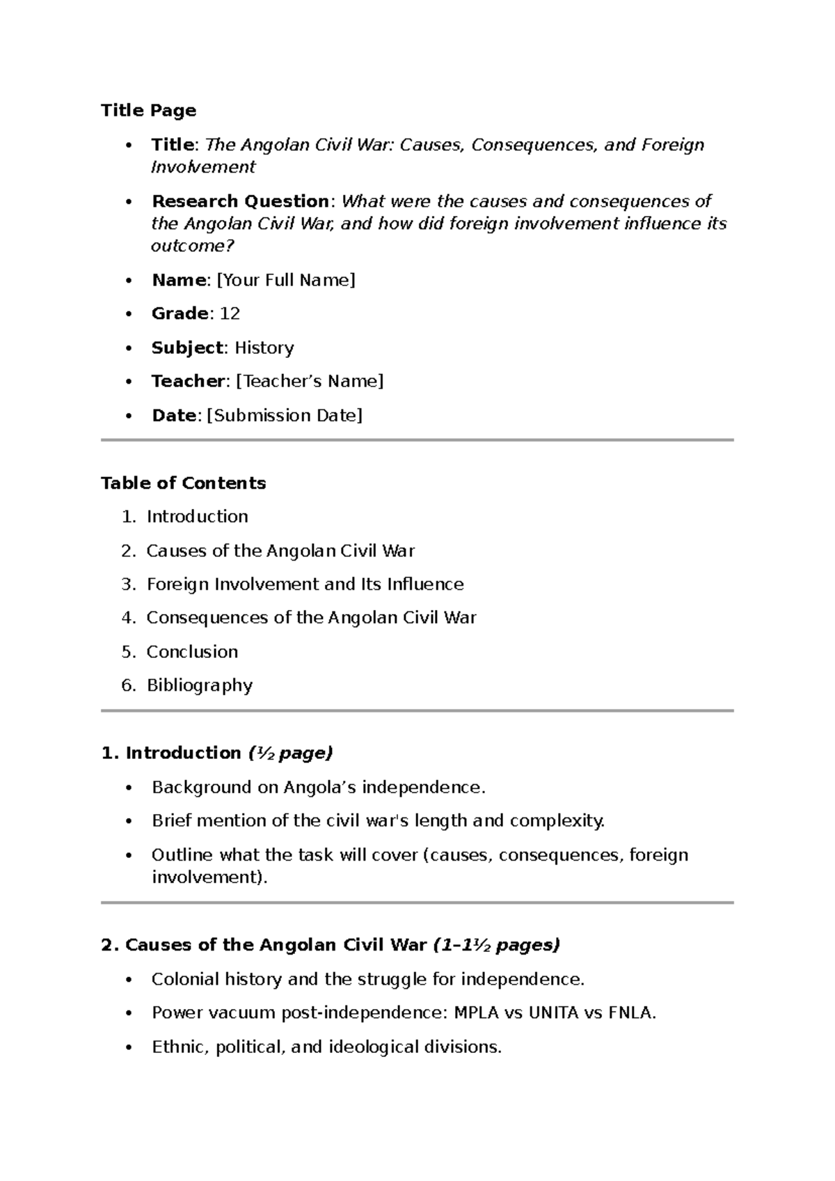 Grade 12 History Research Task: Angolan Civil War Causes & Consequences ...
