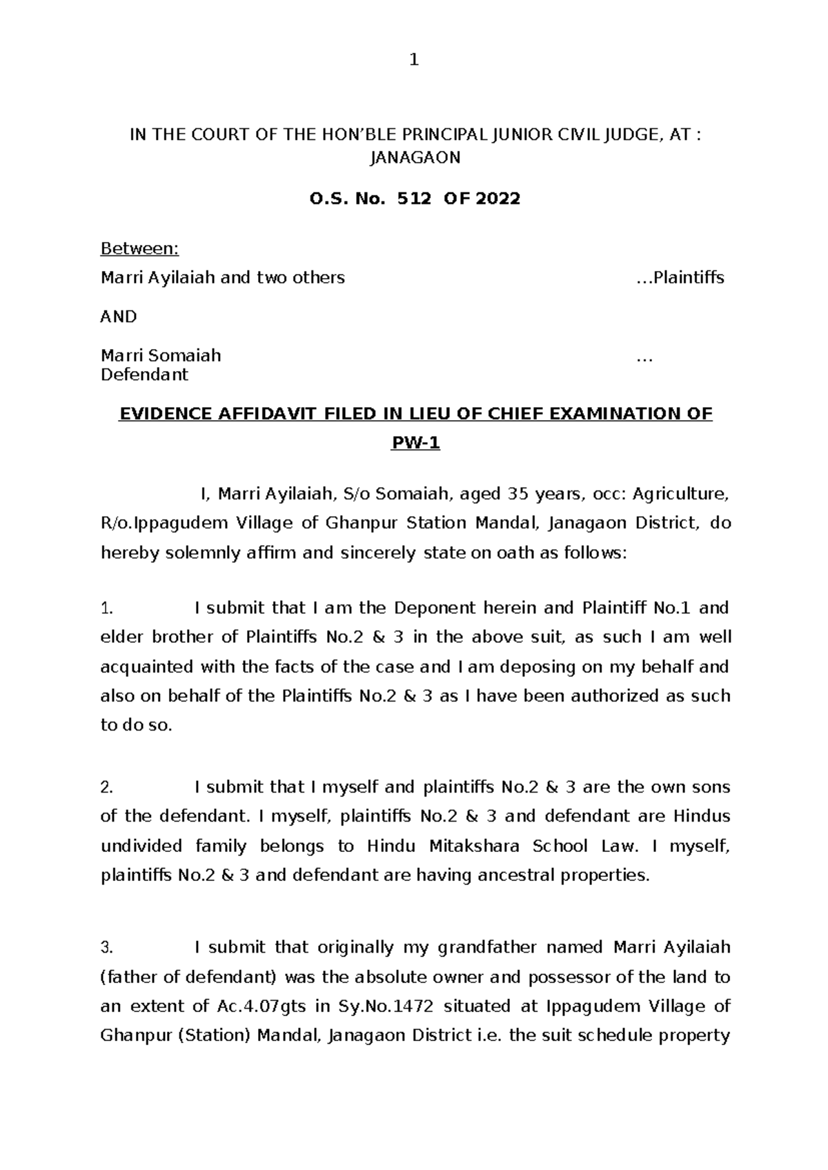 Chief Examination Affidavit for O.S. No. 512/2022 - Janagaon Case - Studocu