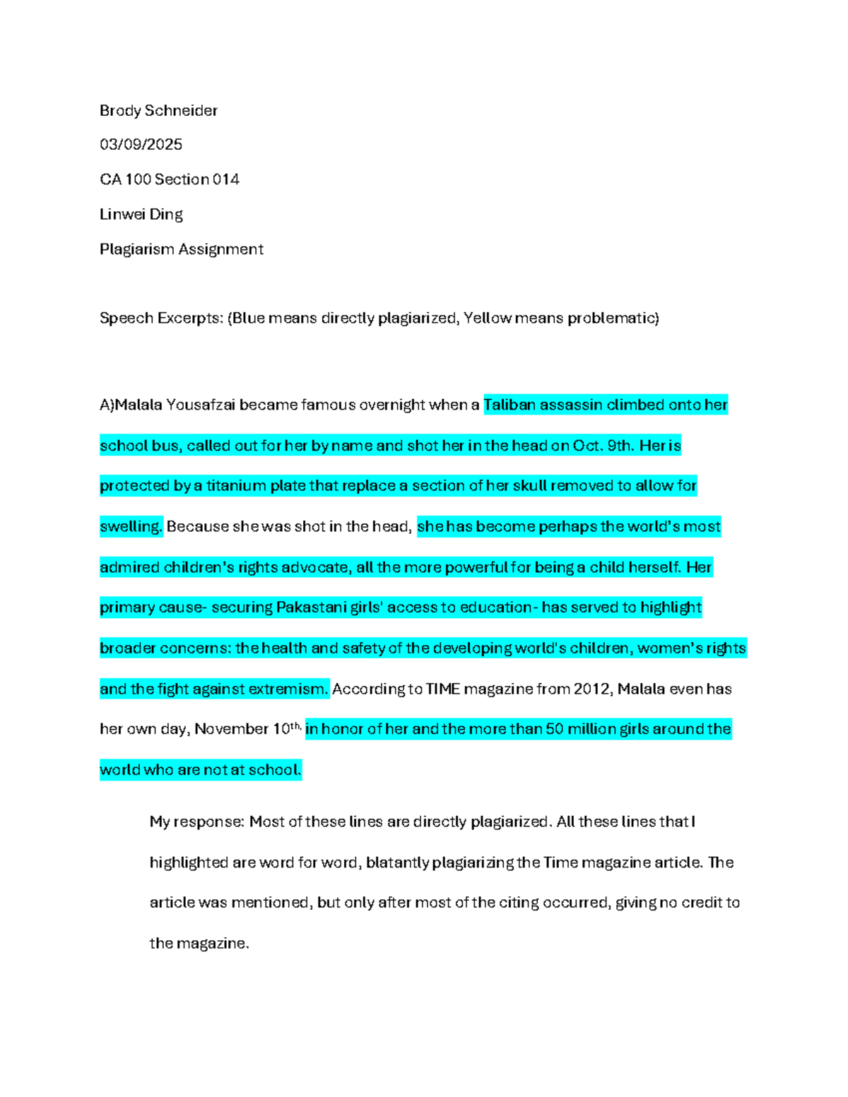 CA 100 Plagiarism Assignment: Analyzing Malala Yousafzai's Speech ...
