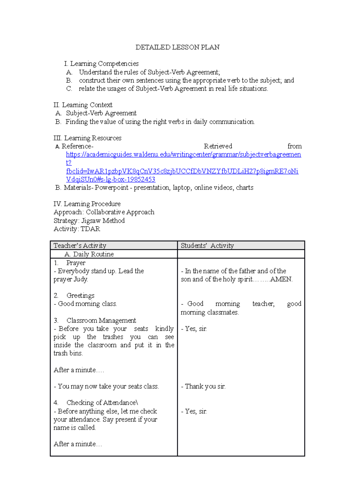 Detailed Lesson Plan on Subject-Verb Agreement (Lesson) - Studocu