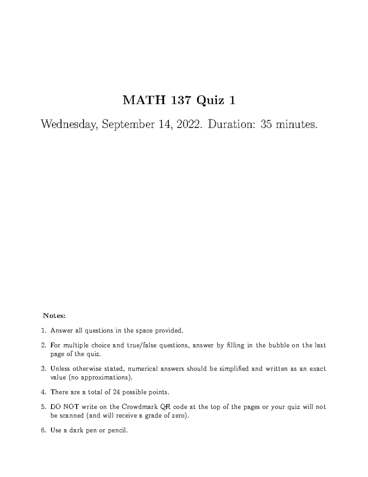 MATH 137 Quiz 1 - Guidelines and Sample Questions - Studocu
