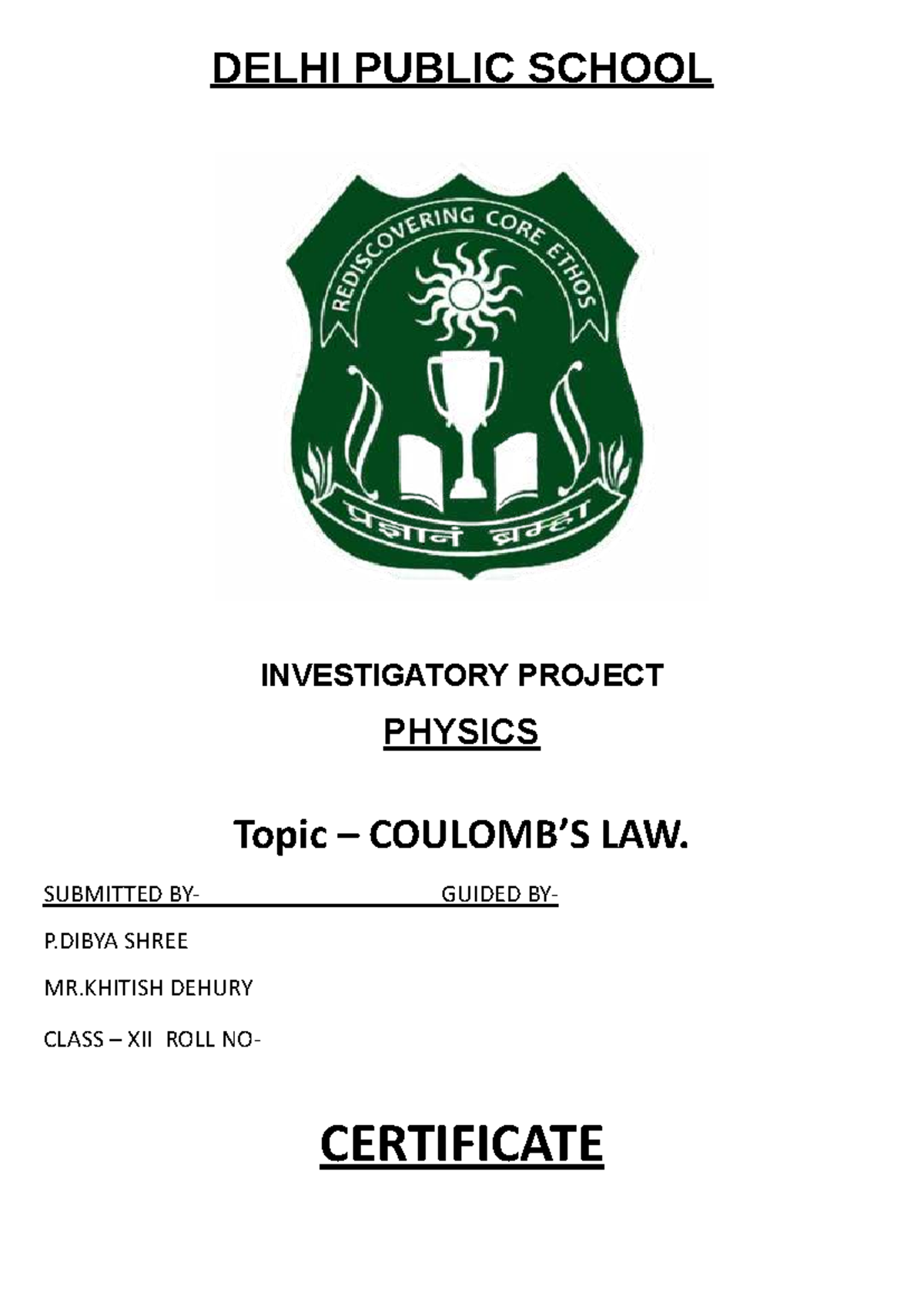 PHYSICS INVESTIGATORY PROJECT: LAW - CLASS XII - Studocu