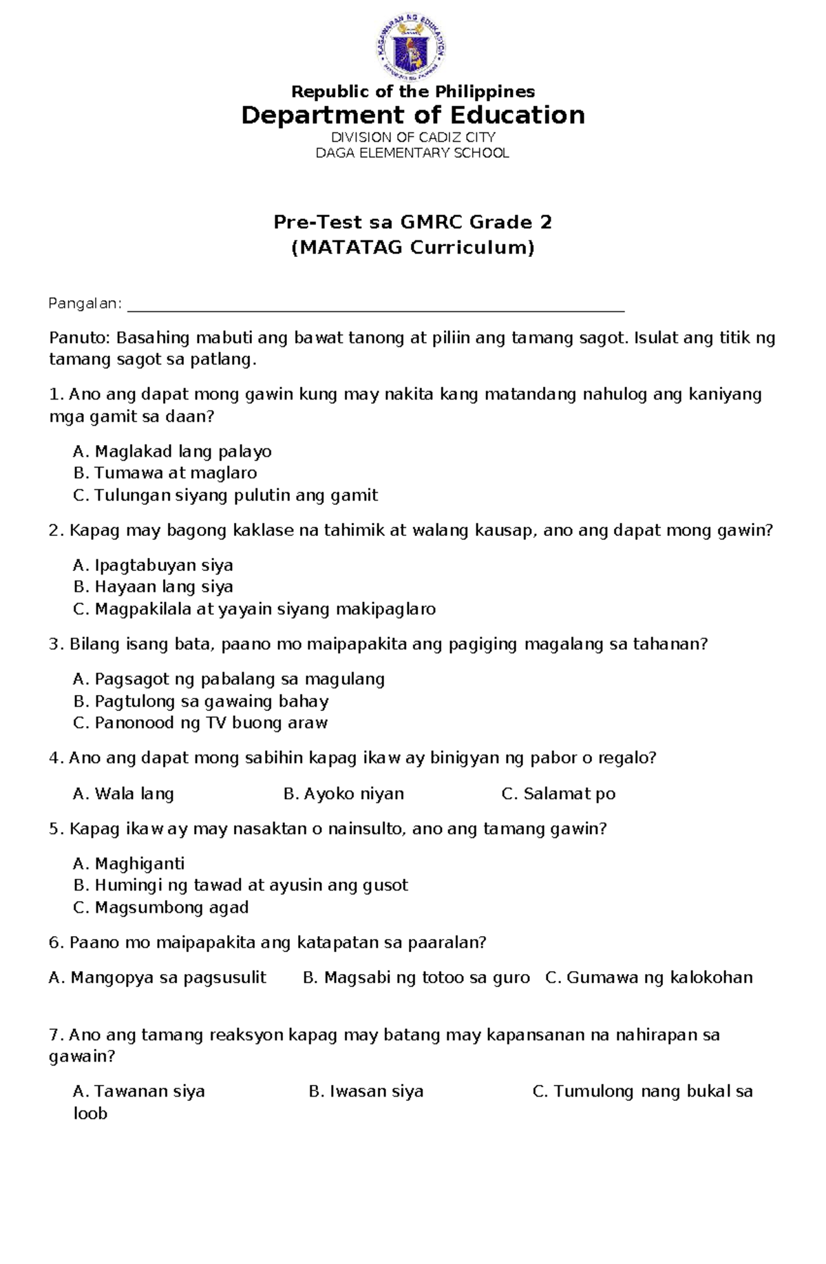 GMRC Grade 2 Pre-Test - Module on Values and Behavior - Studocu
