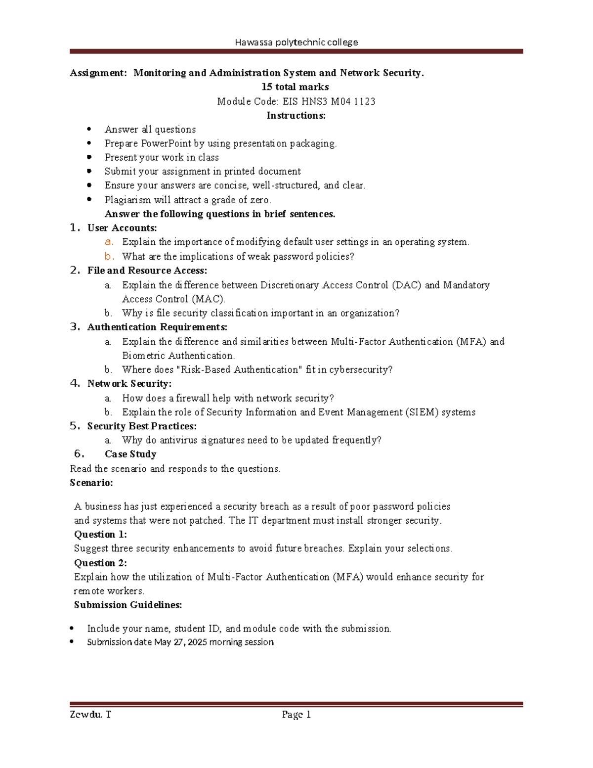EIS HNS3 M04 1123 Assignment: Network Security & Admin System Overview - Studocu