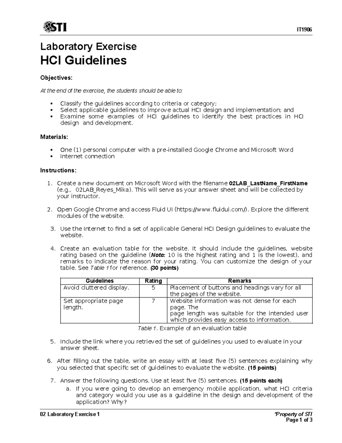 02 Laboratory Exercise 1 - IT 02 Laboratory Exercise 1 *Property of STI Page 1 of 3 Laboratory ...