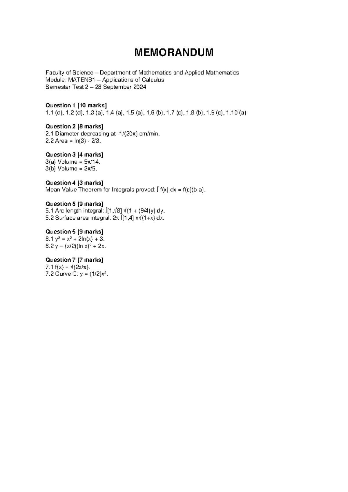 MATENB1 Applications of Calculus Semester Test 2 Memo - Studocu