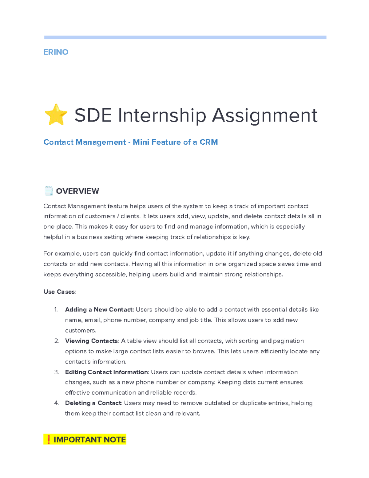 SDE Internship Assignment: Contact Management Mini Feature Overview - Studocu