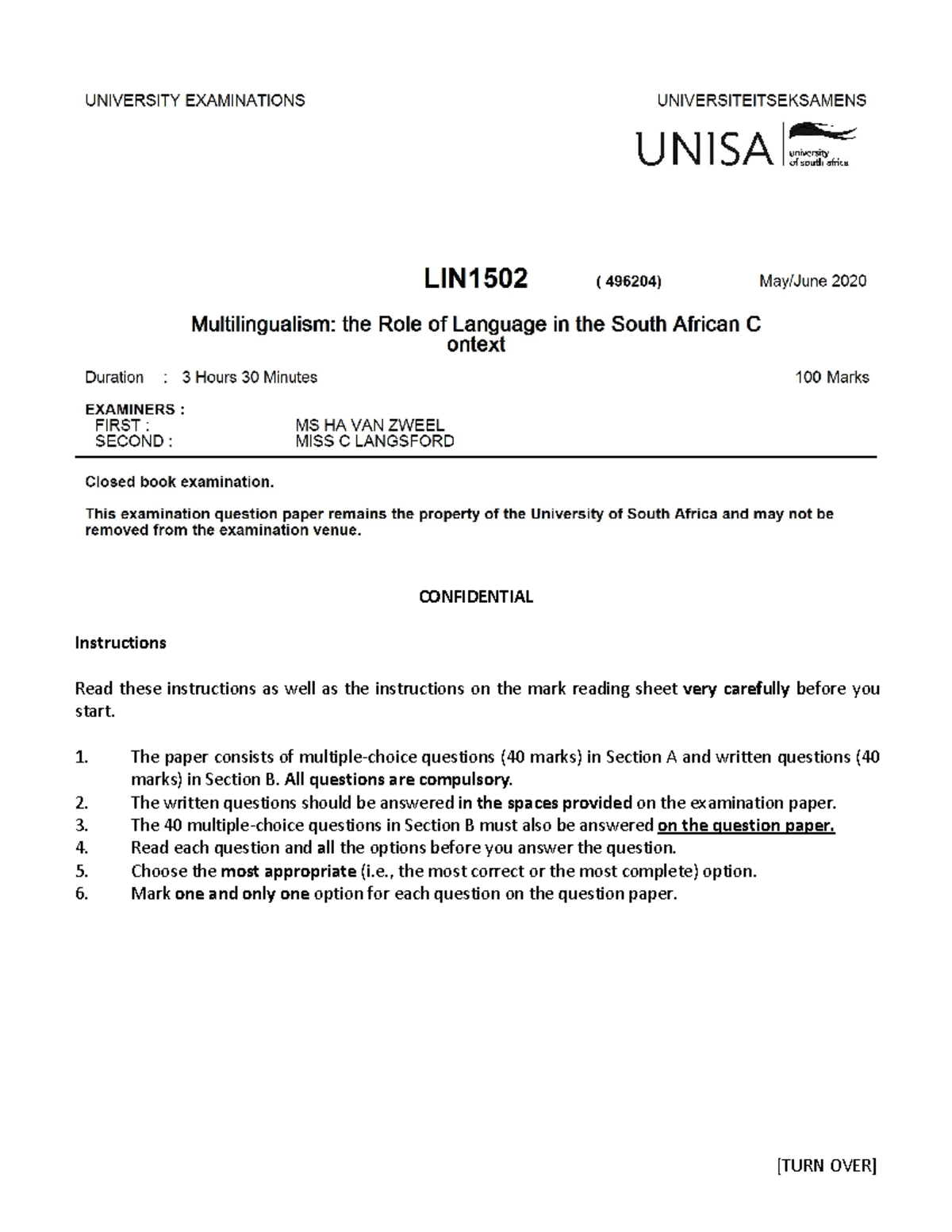 LIN1501 2020 Final Exam Instructions and Questions Guide - Studocu