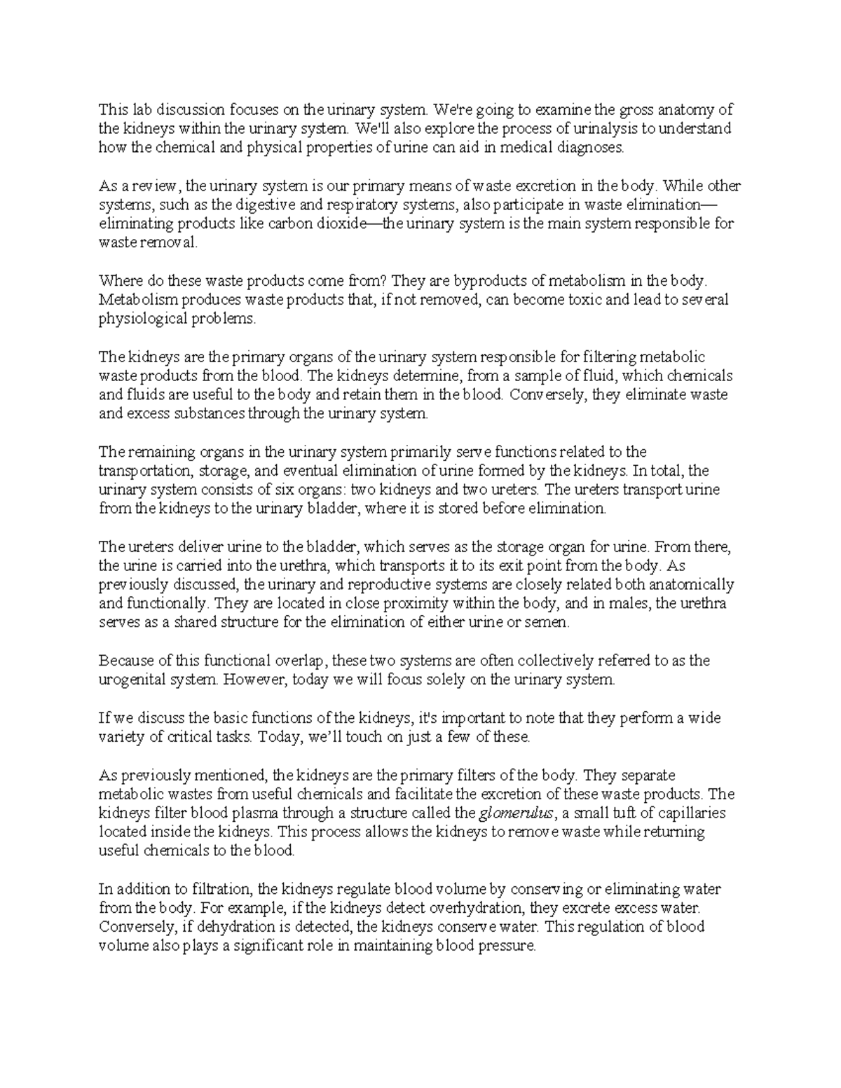 AP2 L8 - Urinary System Lab Notes and Urinalysis Overview - Studocu