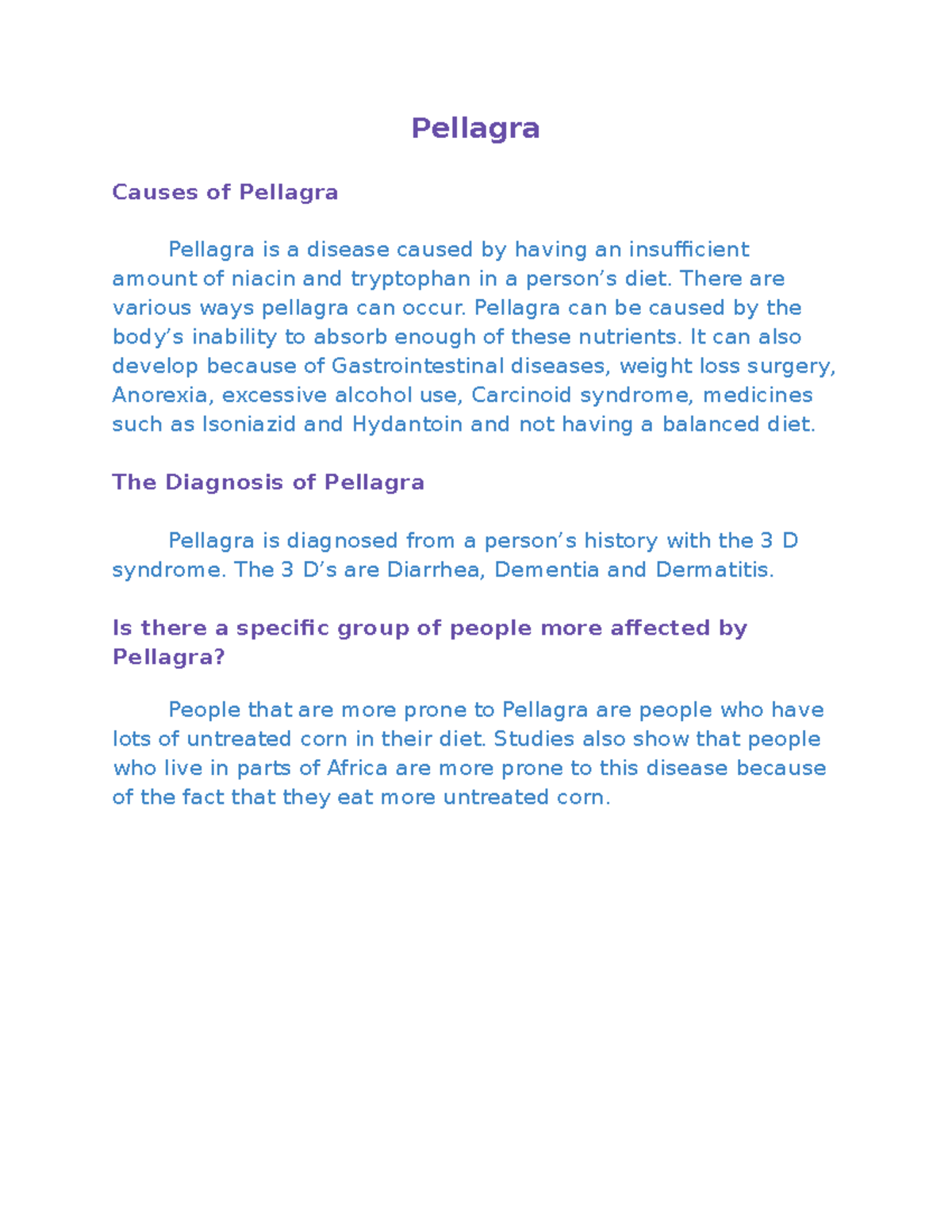 Pellagra: Causes, Diagnosis, Cures, Prevention, and Impacts - Studocu