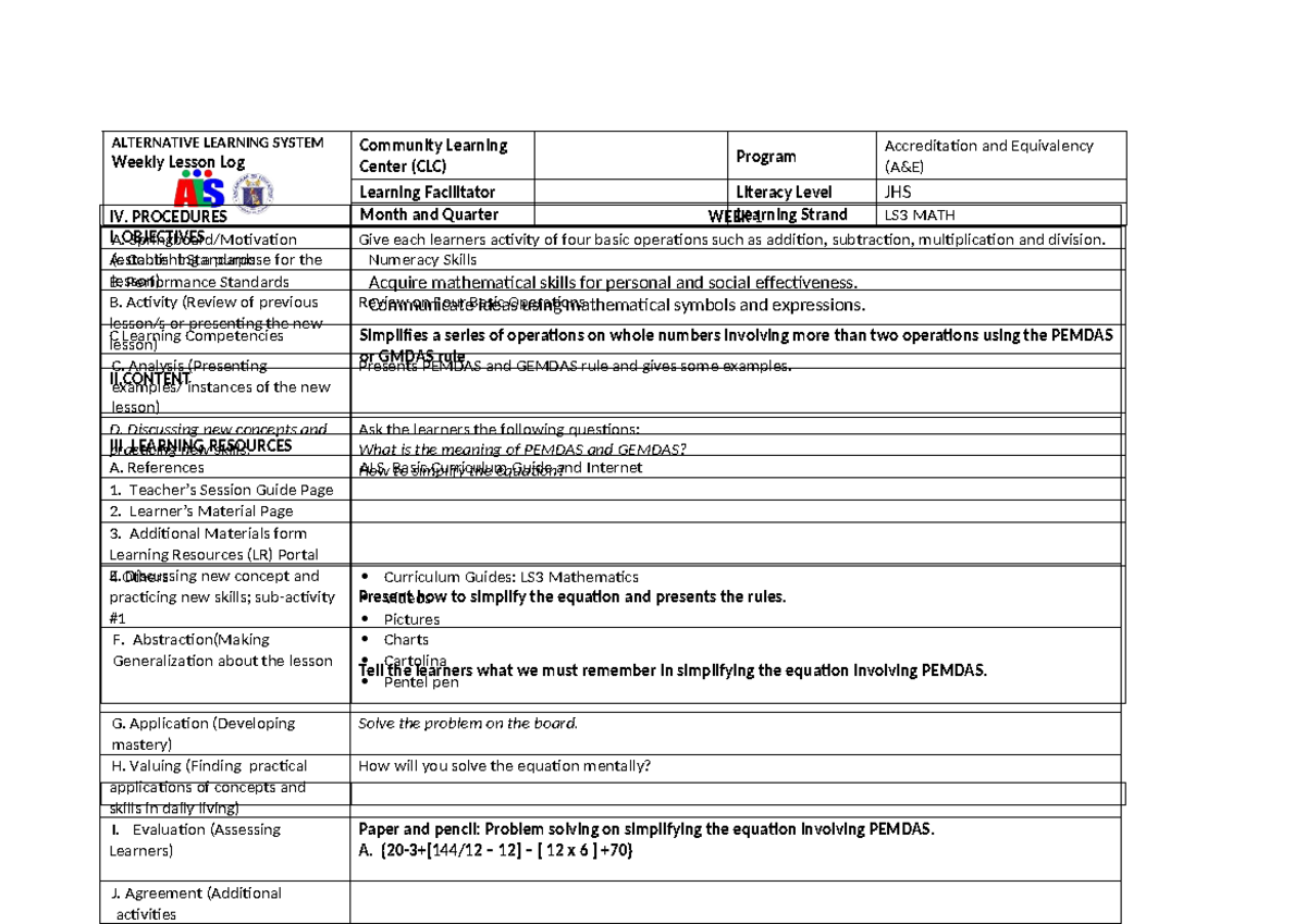 LS3 Week 1 JHS - Alternative Learning System Lesson Log - Studocu