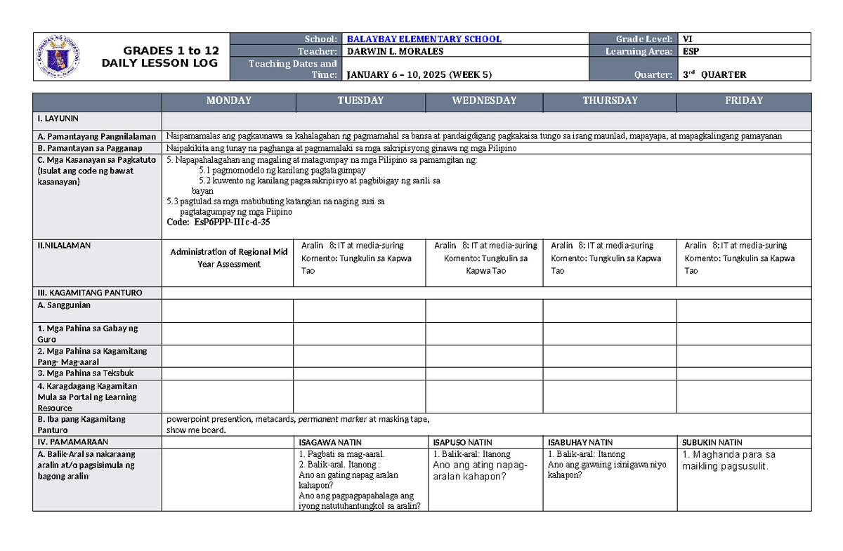 DLL ESP 6 Q3 W5 - Daily Lesson Log for Grade VI - Studocu