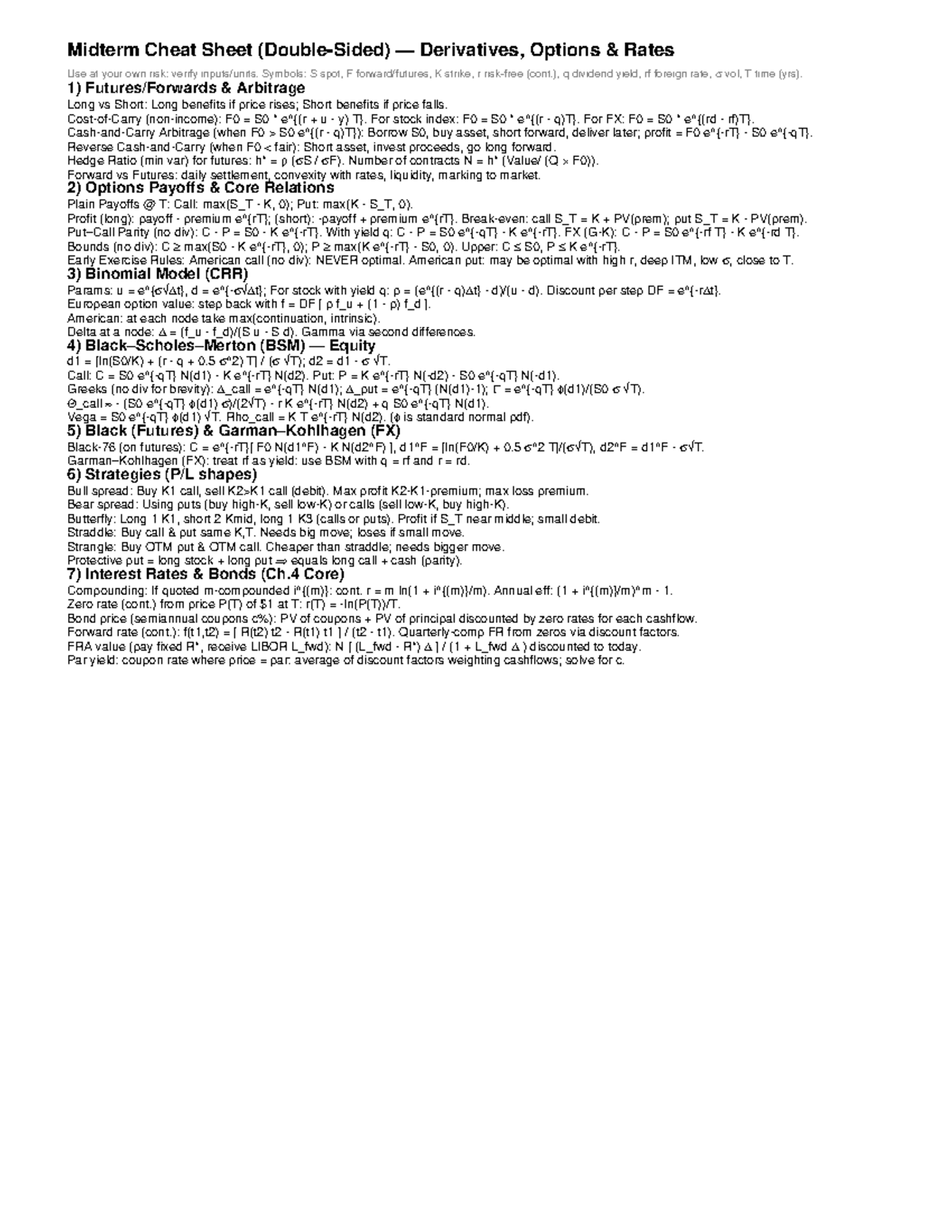 Midterm Cheat Sheet: Derivatives & Options Strategies (FIN 301) - Studocu