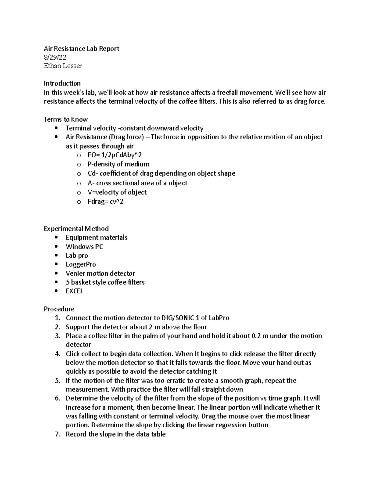 Air Resistance Lab Report: Exploring Terminal Velocity with Coffee ...