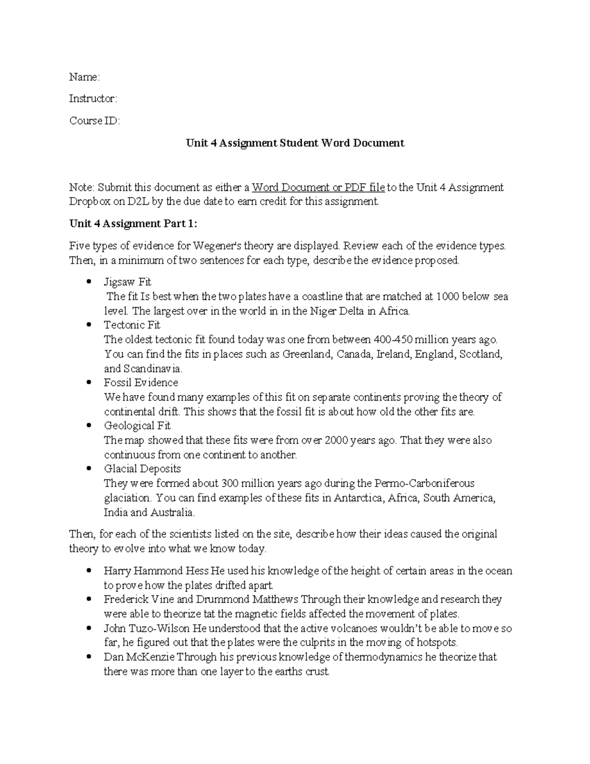 EVR1001 Unit 4 Assignment: Evidence for Wegener's Theory - Studocu