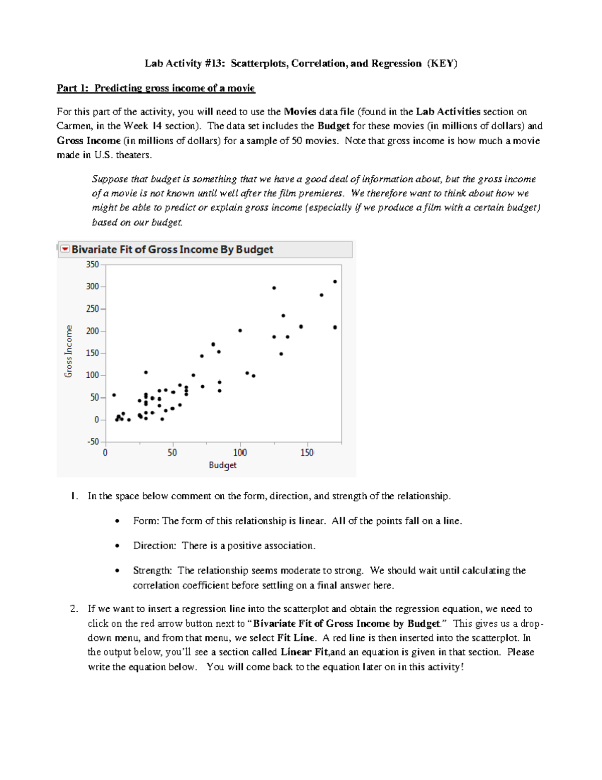Lab 13: Scatterplots, Correlation & Regression Analysis (KEY) - Studocu
