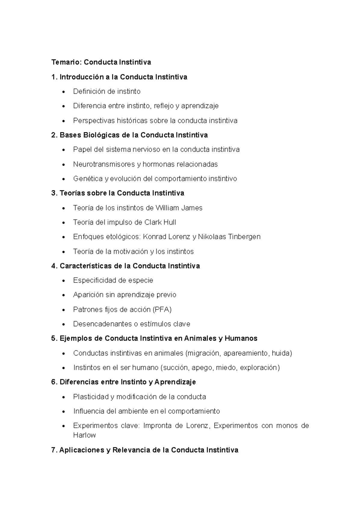 Temario - Introducción a la Conducta Instintiva • Definición de ...
