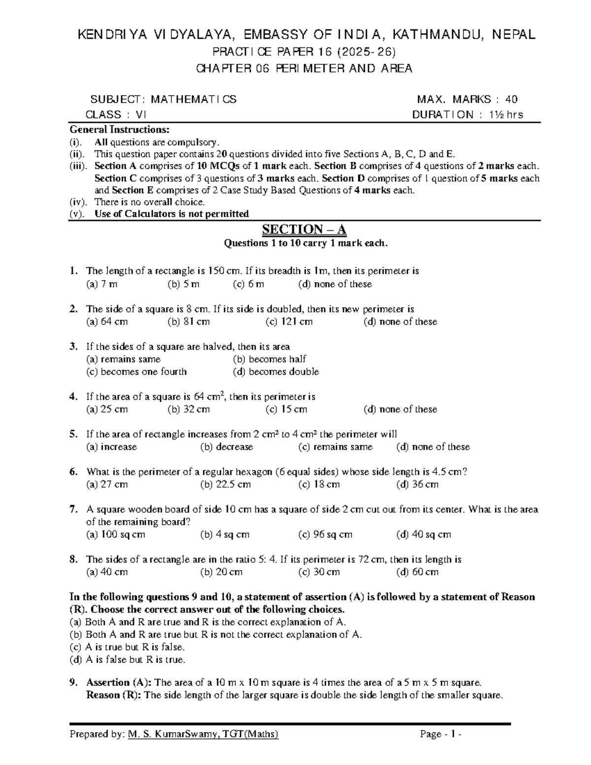 Maths Class VI Practice Paper 16: Chapter 06 - Perimeter & Area - Studocu