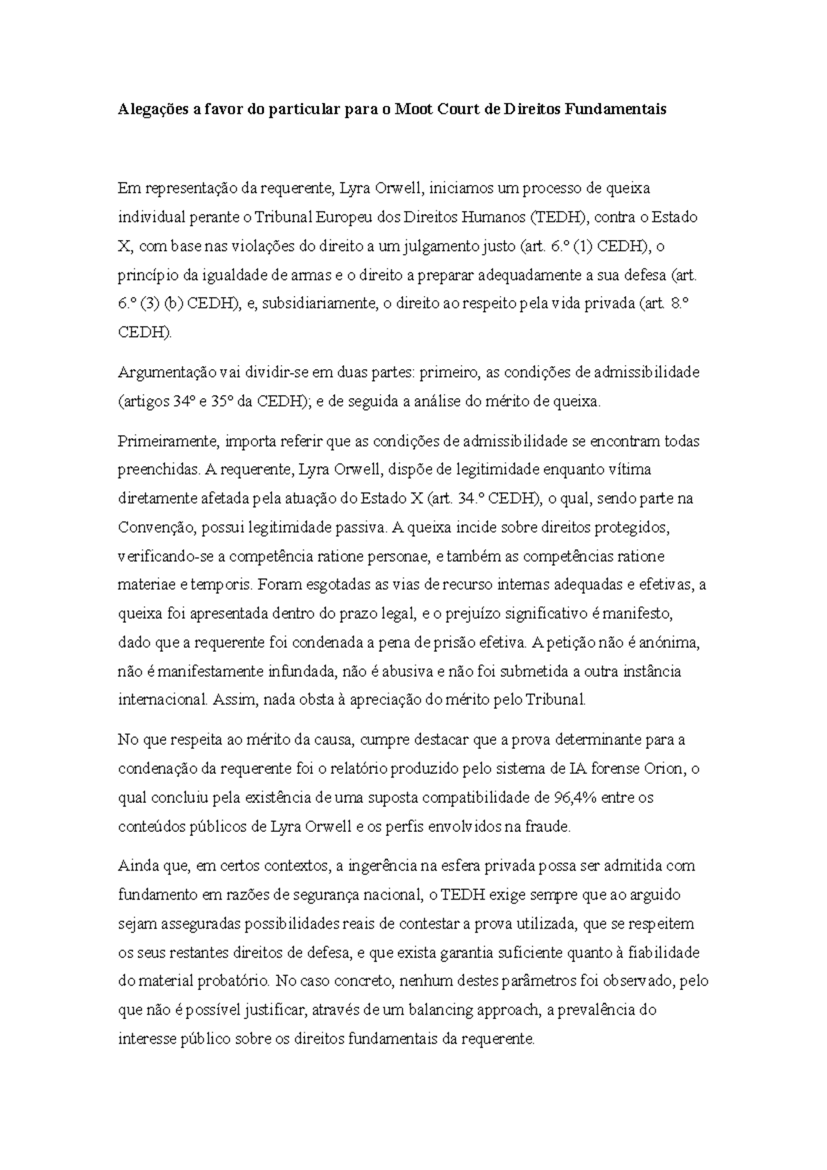 Alegações para o Moot Court de Direitos Fundamentais: Caso Lyra Orwell ...